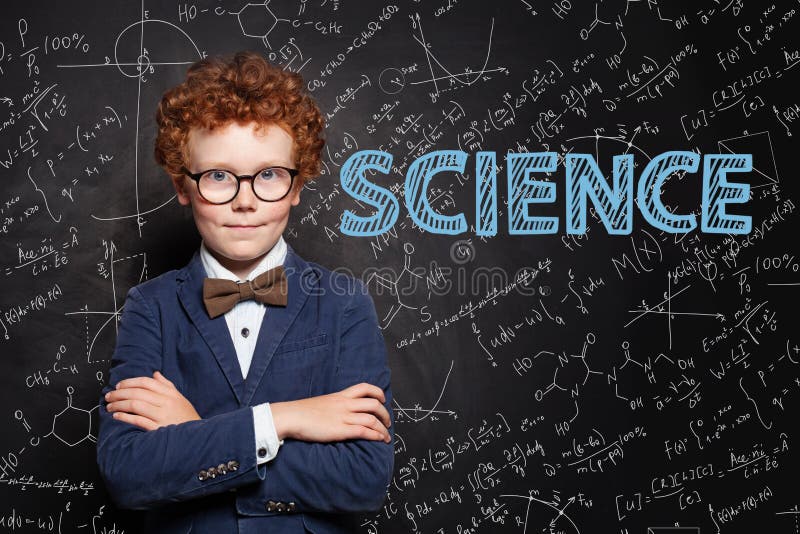 Science Concept. Smart Child Boy on Blackboard Background with Science ...