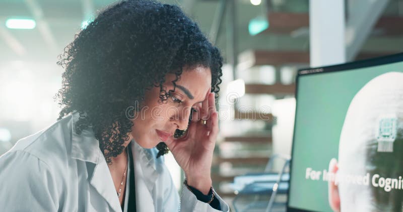 Science, Confused and Woman in Laboratory on Computer for Cognitive Development, Brain Study or ...
