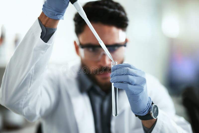 Science, Dropper and Man with Test Tube in Lab for Chemistry ...