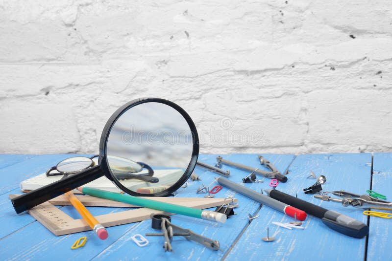 Science and Education. Desktop Scientist Object Wood Blue Background ...