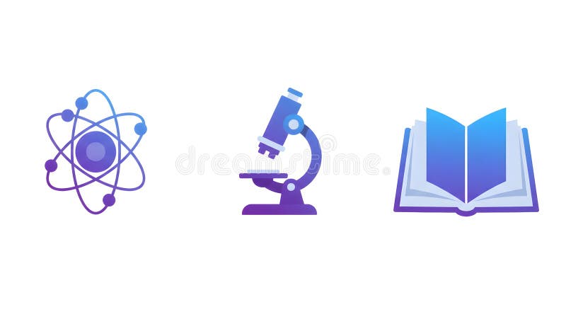 Science Education Icons Atom Microscope and Book for Learning and ...