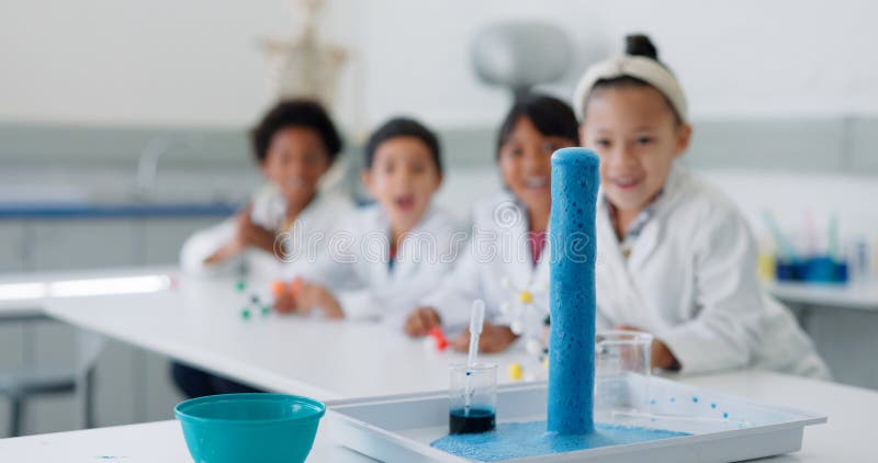 Science, Experiment and Chemical Reaction with Kids in a Classroom at ...