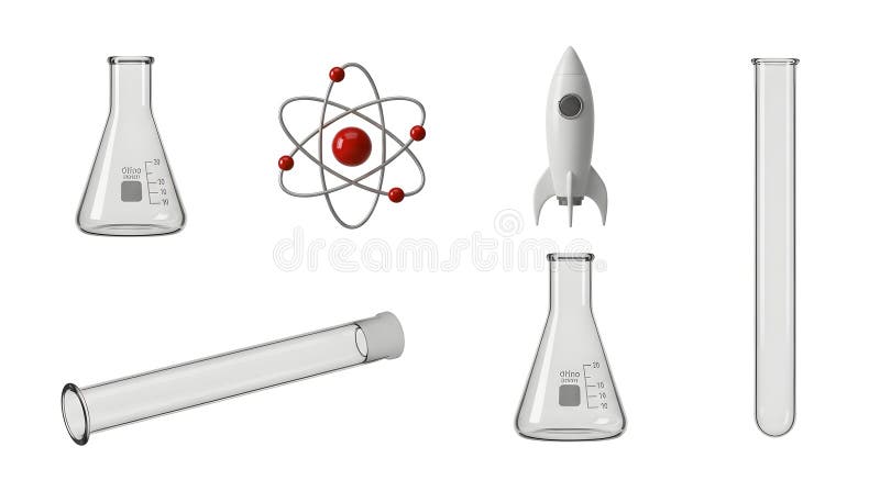 Science Experiment: Erlenmeyer Flask, Test Tubes, Atom Model and Rocket ...