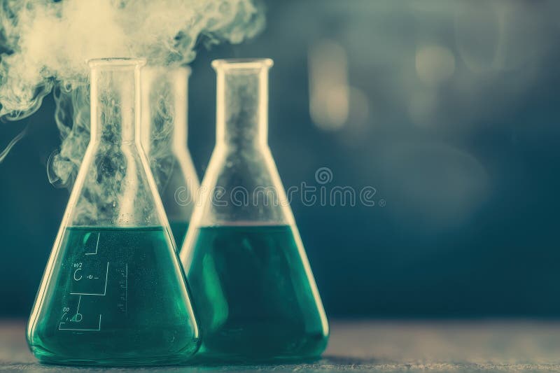 Science Experiment Green Liquid in Erlenmeyer Flasks Smoke Lab Stock ...