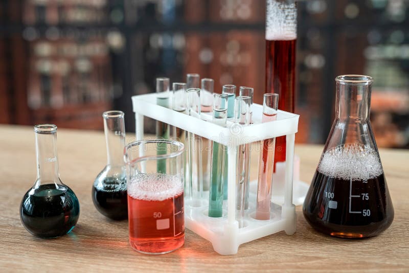 Science Experiment Laboratory Flasks with Different Multi-colored ...