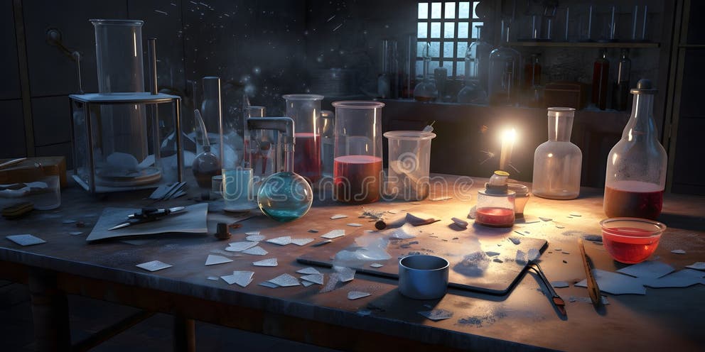 A Science Experiment Set Up on a Lab Table with Various B Seven Created ...