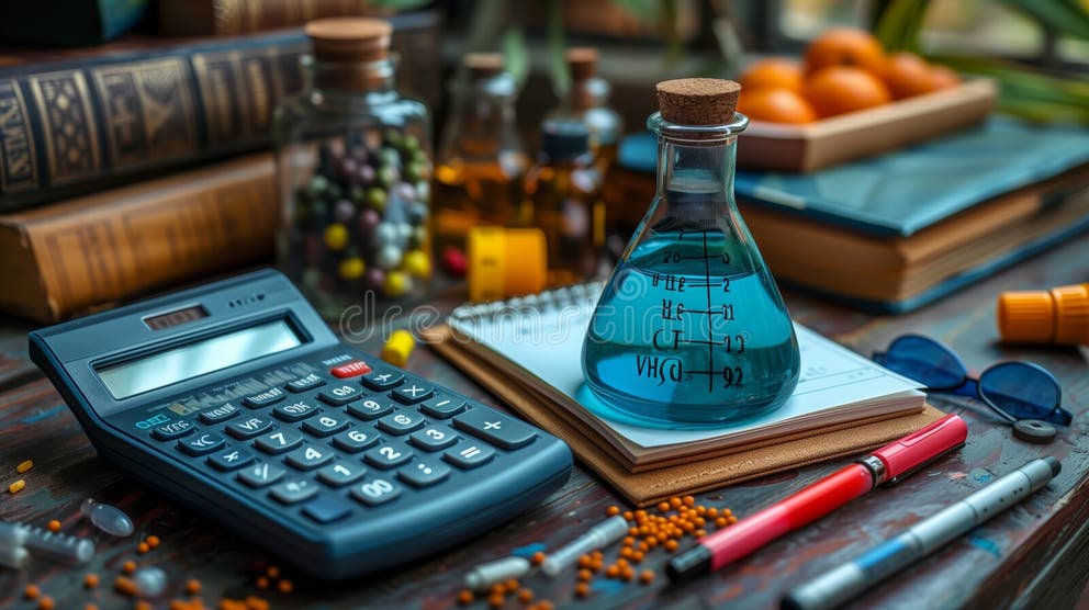 A Science Experiment Setup with a Calculator, Notebook, and Erlenmeyer ...