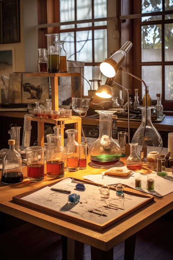 Science Experiment Setup with Lab Equipment and Notes Stock ...