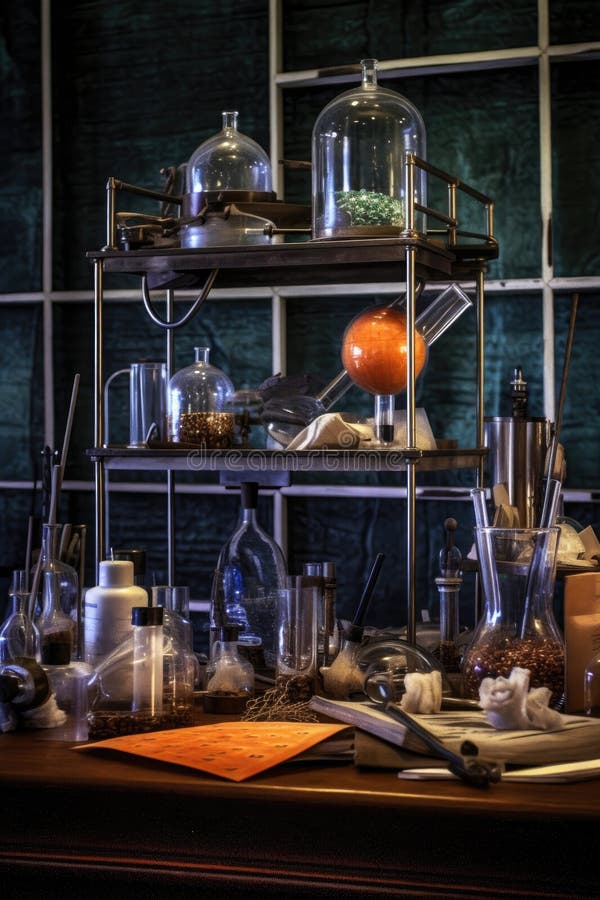 Science Experiment Setup with Lab Equipment and Notes Stock ...