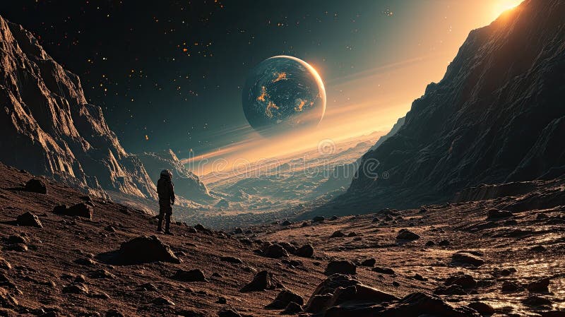 Science Fiction Alien Space Landscape, Human Stands on Mars Surface and ...