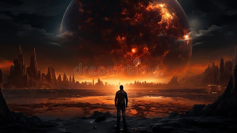 Science Fiction Alien Space Landscape, Human Stands Alone on Mars ...