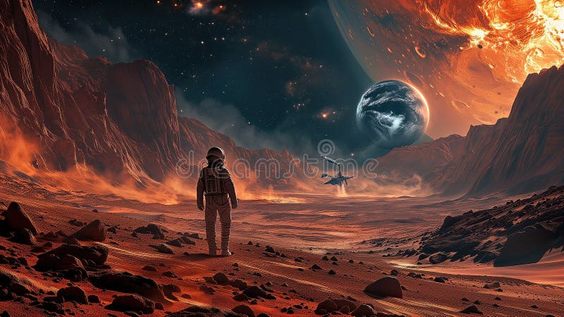 Science Fiction Alien Space Landscape, Human Stands on Mars Surface and ...