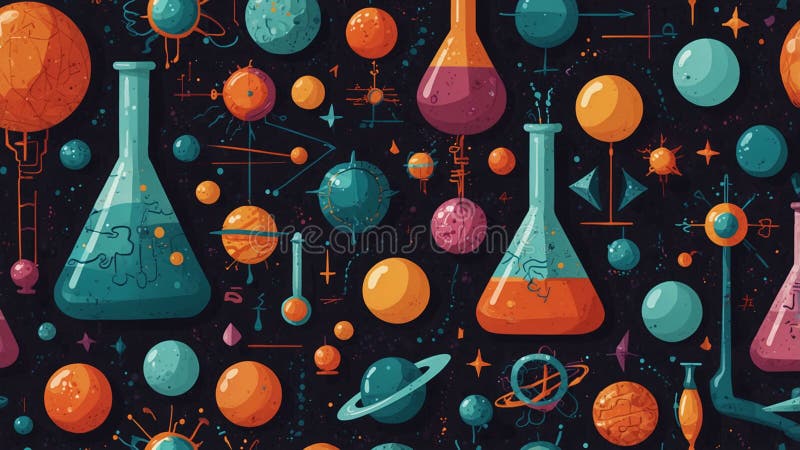 Science Fiction Chemistry Lab with Flasks and Planets on a Dark ...