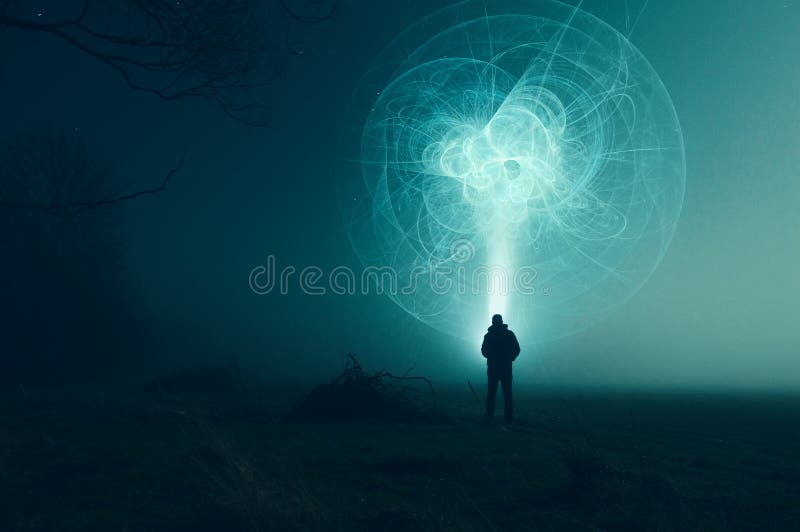 A Science Fiction Concept. of a Man with a Torch Looking at an Alien in ...