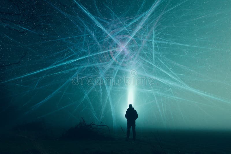 A Science Fiction Concept. of a Man with a Torch Looking at an Alien ...
