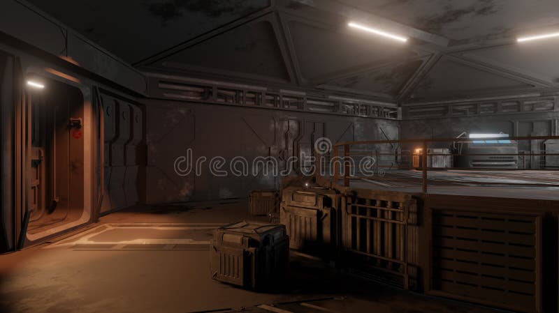 A Science Fiction Controller Interior in Dark Scene Stock Illustration ...