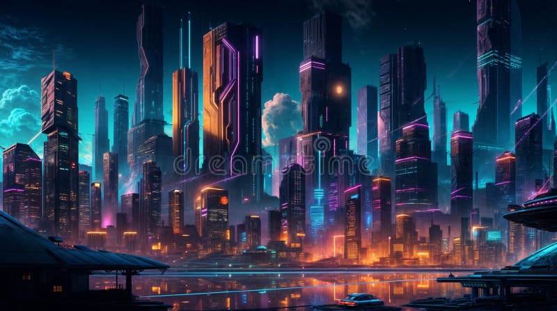 Science Fiction Day. Neon City of the Future Background Illustration ...