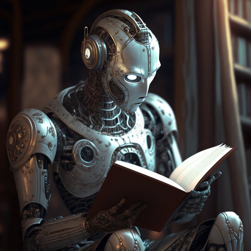 Science Fiction Fantasy: Robot Learning from a Book Stock Illustration ...