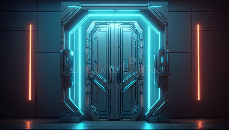Science Fiction Futuristic Modern Gate Door with Neon Light Stock ...
