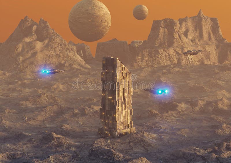 Science Fiction Landscape with a Tower-shaped Construction, Space ...