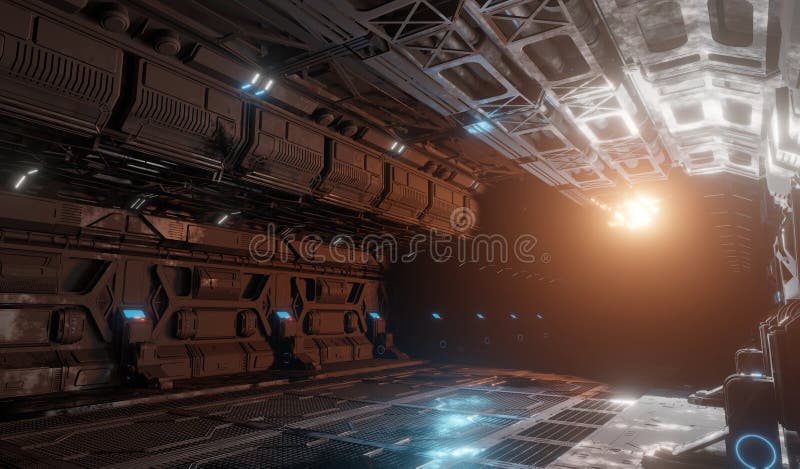 A Science Fiction Side View Interior Control Room in Dark Scene Stock ...