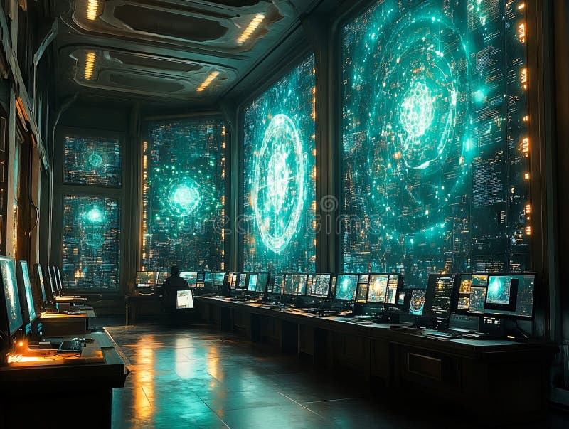 A Science Fiction-style Command Center with Multiple Monitors and ...