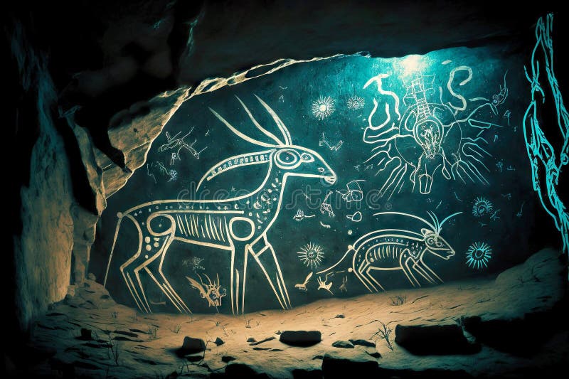 Science Fiction Theme in Petroglyphic Cave Drawing Stock Illustration ...