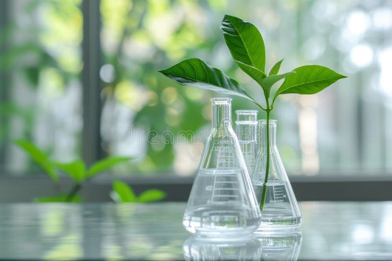 Science Flasks with Green Leaves in Lab Stock Image - Image of ...
