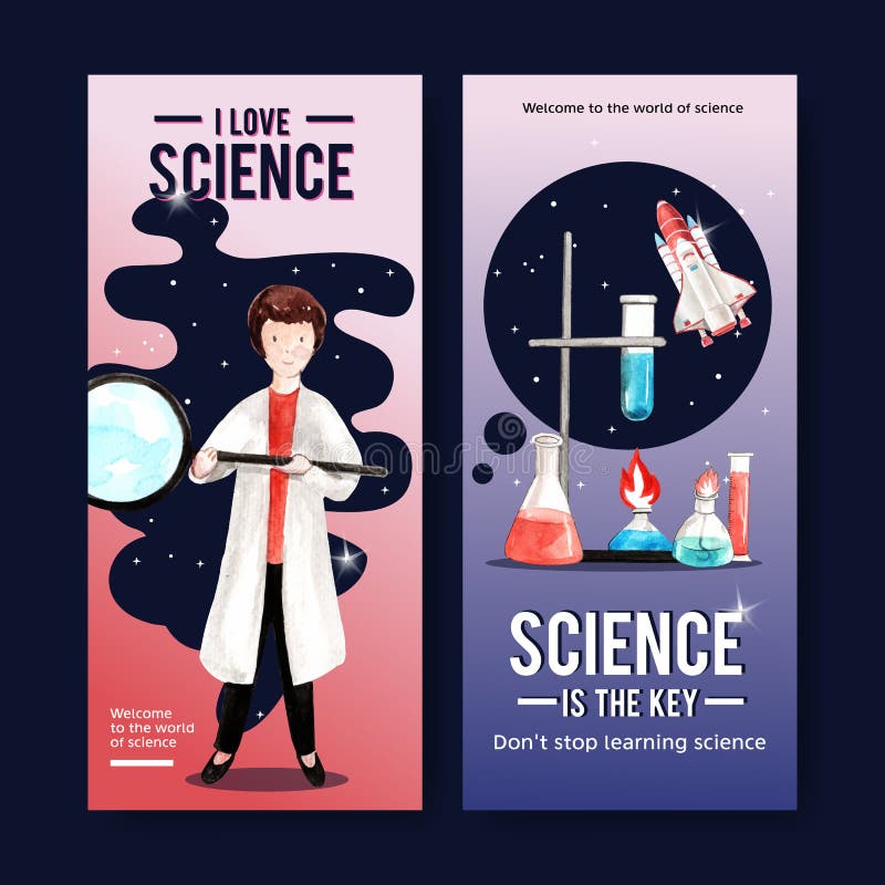 Science Flyer Design with Magnifying Glass, Man Watercolor Illustration ...