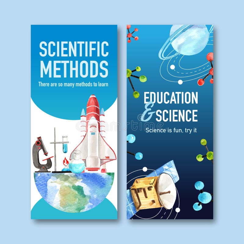 Science Flyer Design with Microscope, Rocket, Satellite Watercolor ...