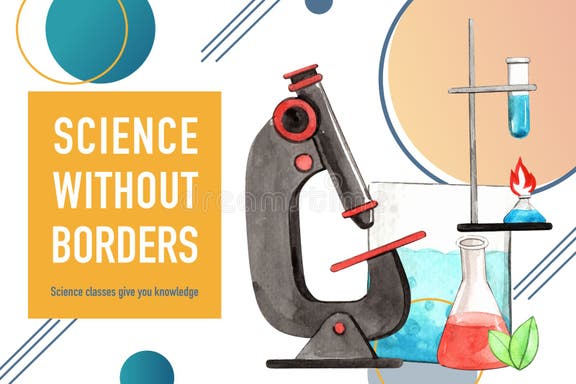 Science Frame Design with Beaker, Microscope Watercolor Illustration ...
