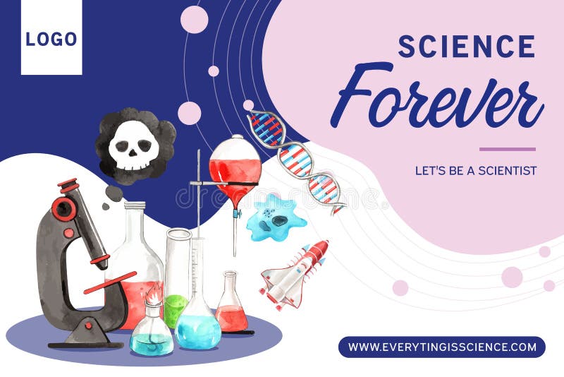 Science Frame Design with Microscope, Rocket Watercolor Illustration ...