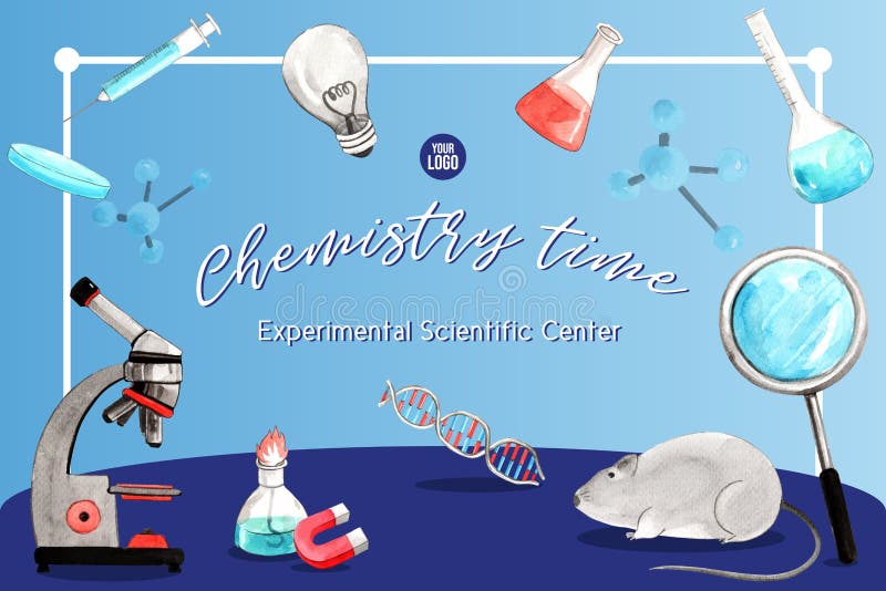 Science Frame Design with Microscope, Syringe, Glass Flask Watercolor ...