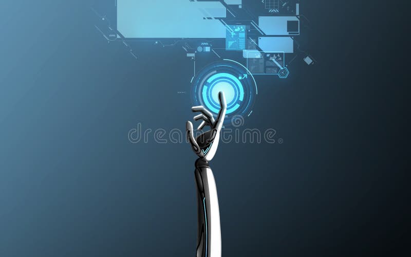 Robot Hand Touching Virtual Screen Over Blue Stock Illustration ...