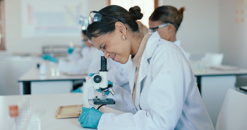 Science, Girl and Analysis with Microscope in Classroom for Sample ...