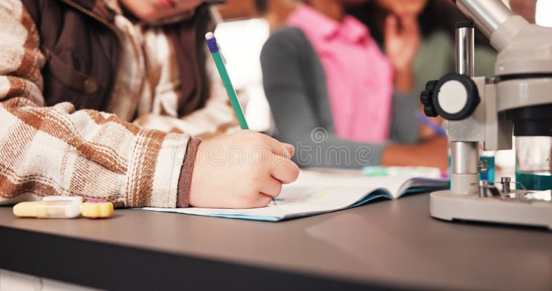 Science, Hands and Child with Writing in Classroom for Microscopic ...