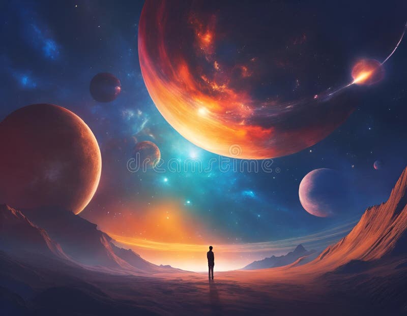 Science of Humility with a Man in the Desert Observing Planets Passing ...