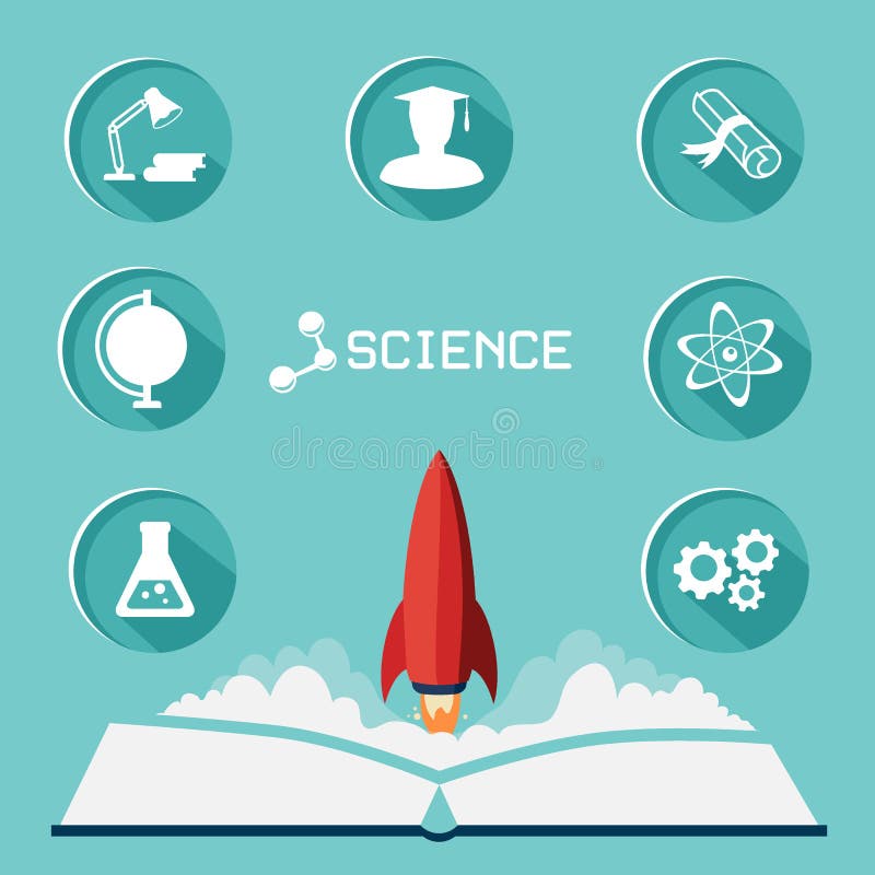 Science Icon Set. Flat Icons with Long Shadow and the Rocket Flies Up ...