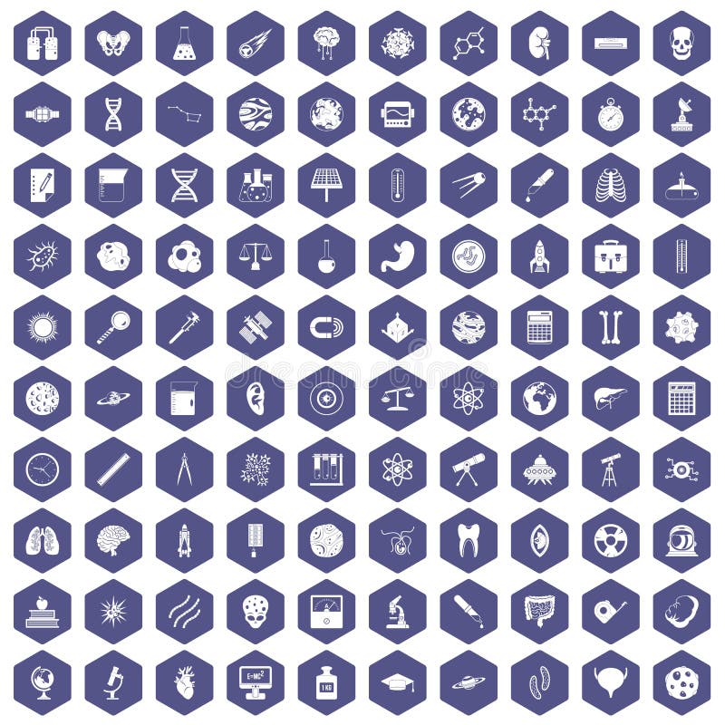 100 Science Icons Hexagon Purple Stock Vector - Illustration of cube ...