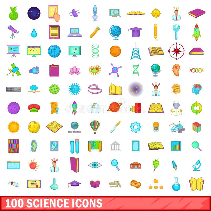 100 Science Icons Set, Cartoon Style Stock Vector - Illustration of ...