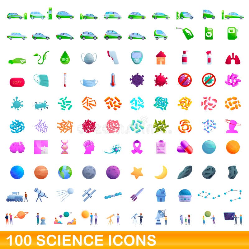 100 Science Icons Set, Cartoon Style Stock Vector - Illustration of ...