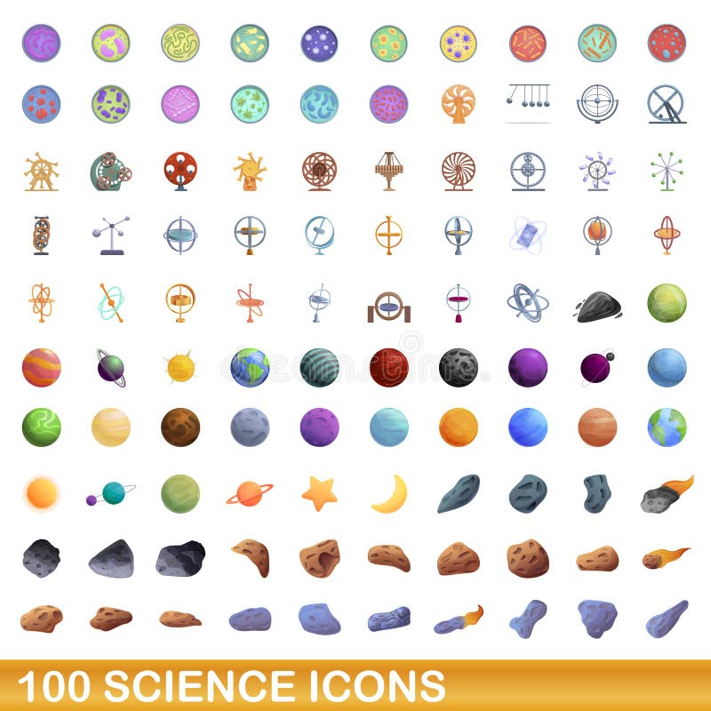 100 Science Icons Set, Cartoon Style Stock Vector - Illustration of ...