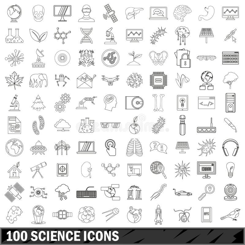 100 Science Icons Set, Outline Style Stock Vector - Illustration of ...