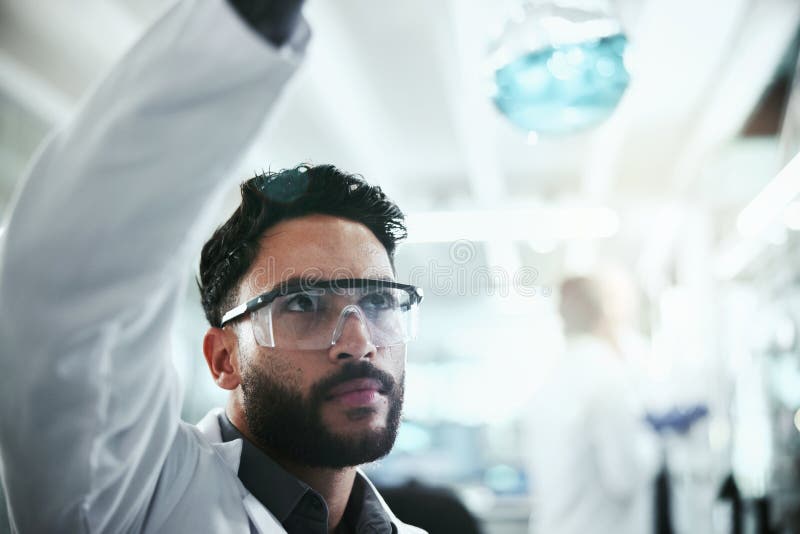 Science, Inspection and Man with Beaker in Lab for Solution, Research ...