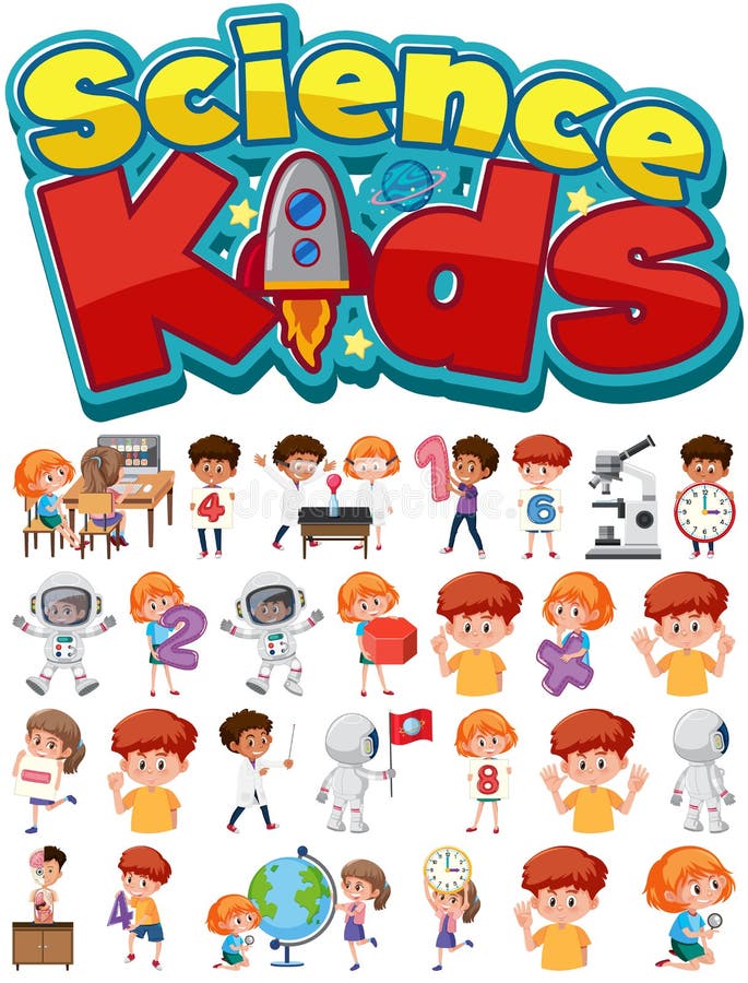 Science Kids Logo and Set of Children with Education Objects Isolated ...