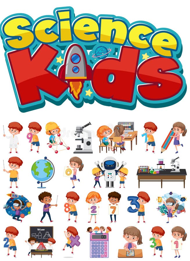 Science Kids Logo and Set of Children with Education Objects Isolated ...