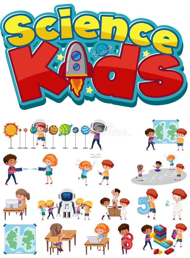 Science Kids Logo and Set of Children with Education Objects Isolated ...