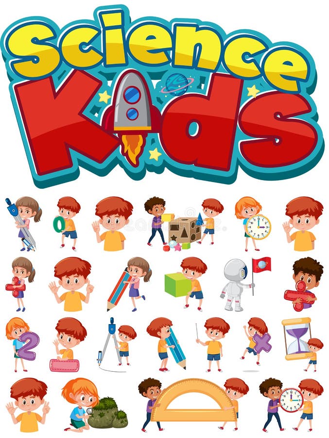 Science Kids Logo and Set of Children with Education Objects Isolated ...