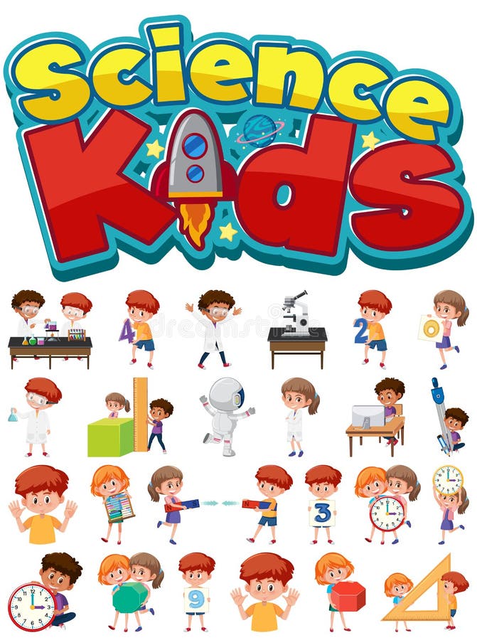 Science Kids Logo and Set of Children with Education Objects Isolated ...