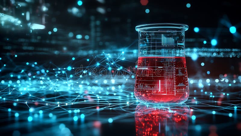 Science Lab Beaker with Data Analysis and Technology Stock Illustration ...